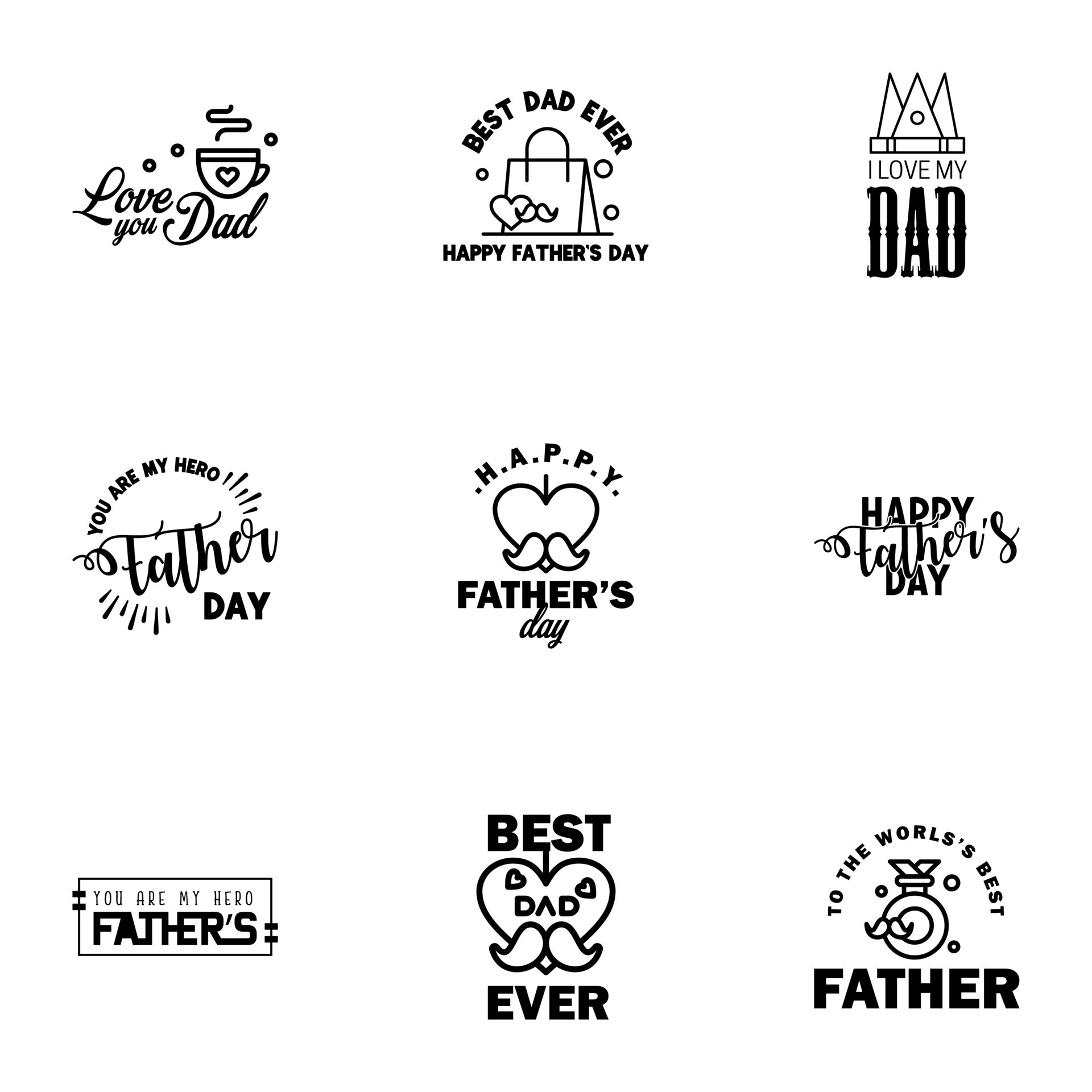 Set Of Happy Fathers Day Elements 9 Black Vector Illustration Editable Vector Design Elements