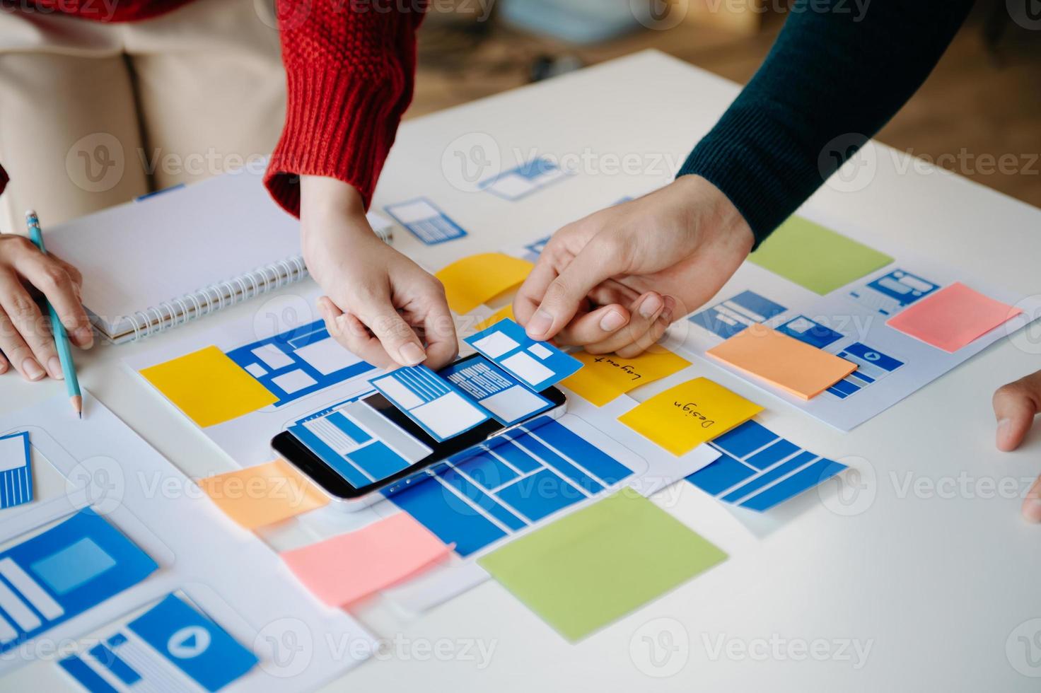 Ux Developer And Ui Designer Brainstorming About Mobile App Interface Wireframe Design With