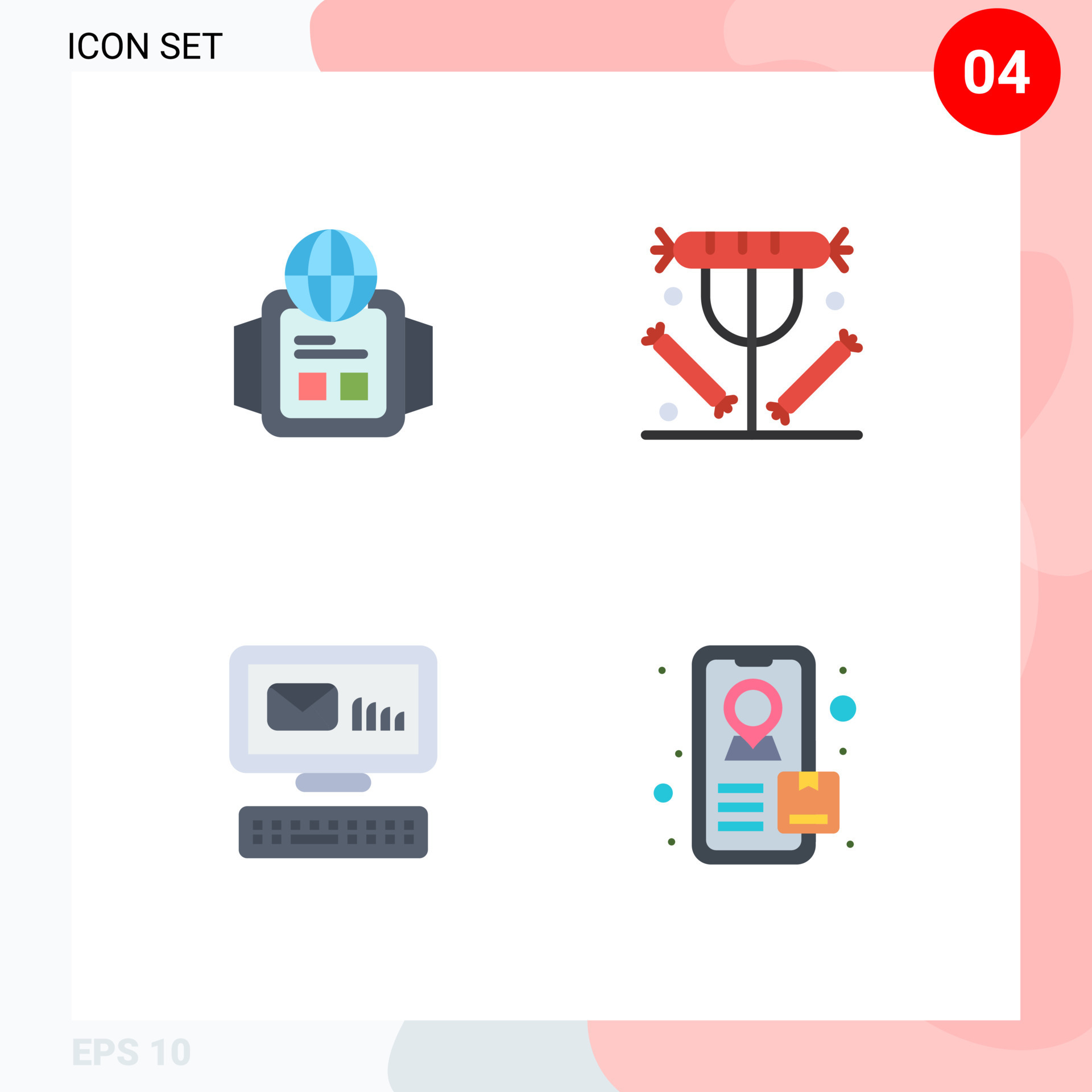 Set of 4 Vector Flat Icons on Grid for technology envelope breakfast ...