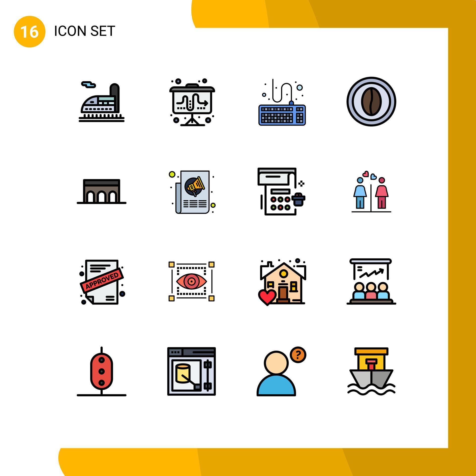 Modern Set Of 16 Flat Color Filled Lines And Symbols Such As Architecture Grain Keyboard Food