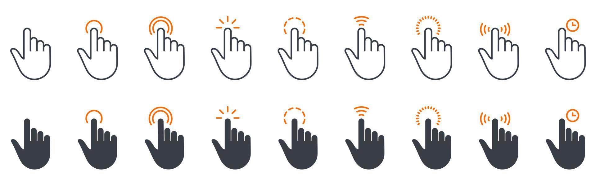 Hand With Finger Digital Mouse Click Line And Silhouette Icon Set Cursor Computer Pointer Sign