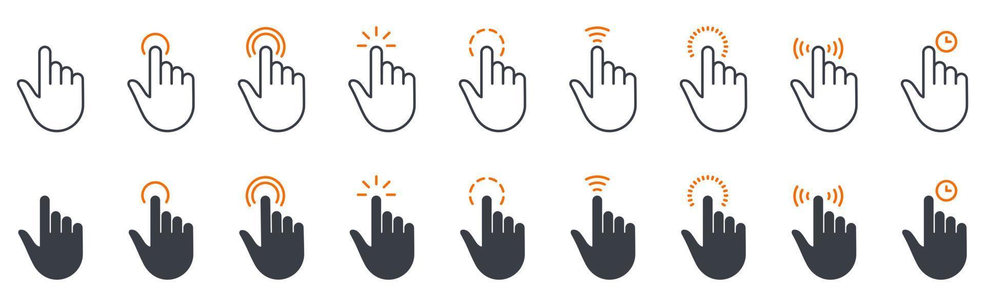 Hand With Finger Digital Mouse Click Line And Silhouette Icon Set Cursor Computer Pointer Sign