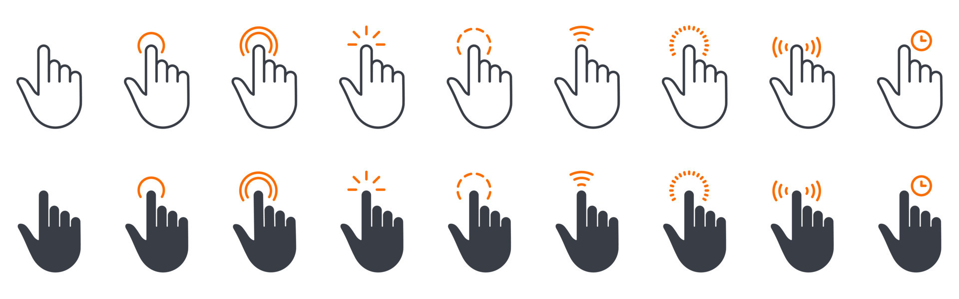 Hand With Finger Digital Mouse Click Line And Silhouette Icon Set Cursor Computer Pointer Sign