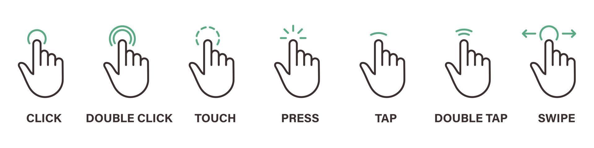 Hand Finger Touch, Swipe, Click, Press and Tap Line Icon Set. Double ...