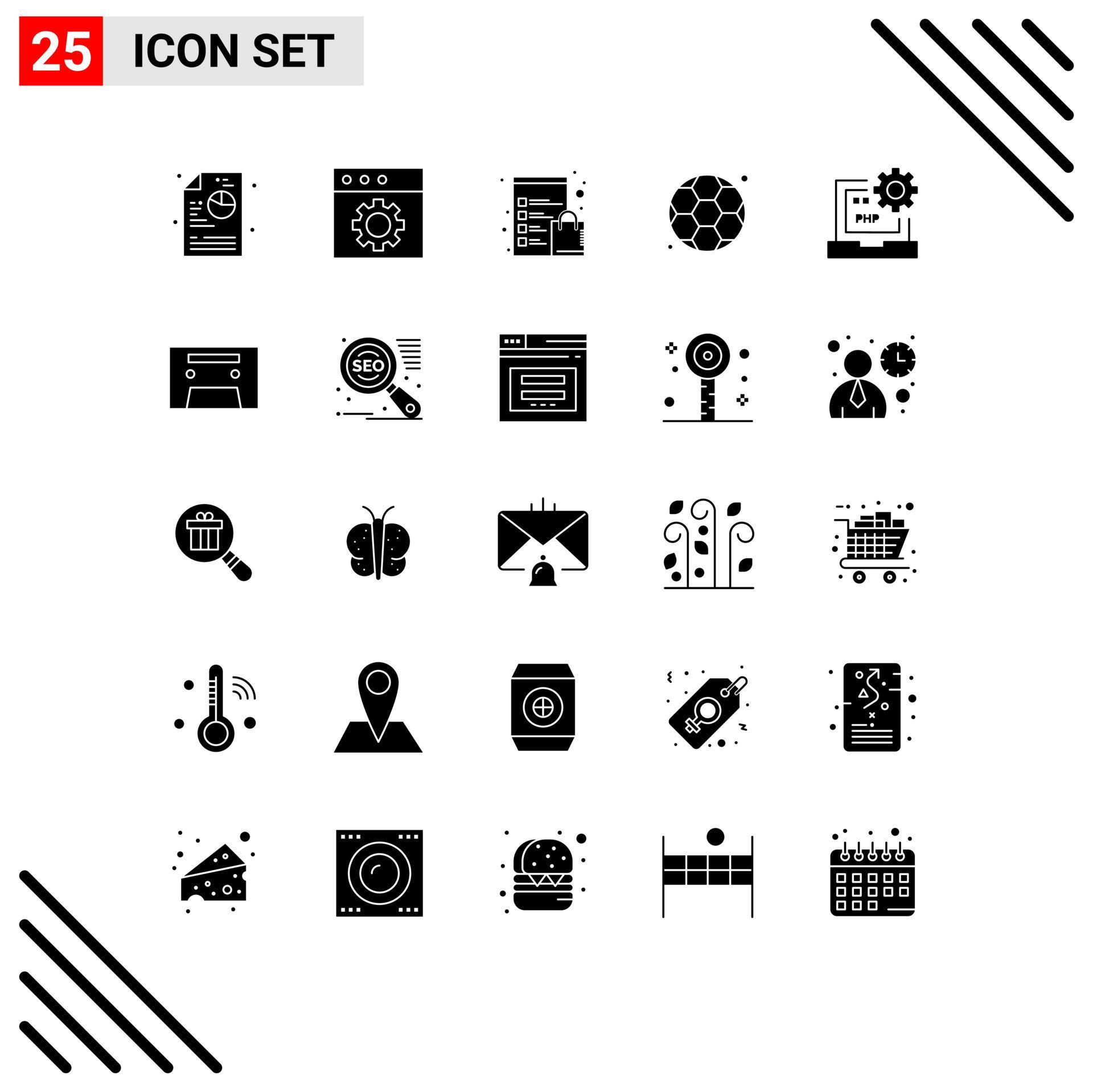 Pack Of 25 Creative Solid Glyphs Of Laptop Develop List Coding Football Editable Vector Design