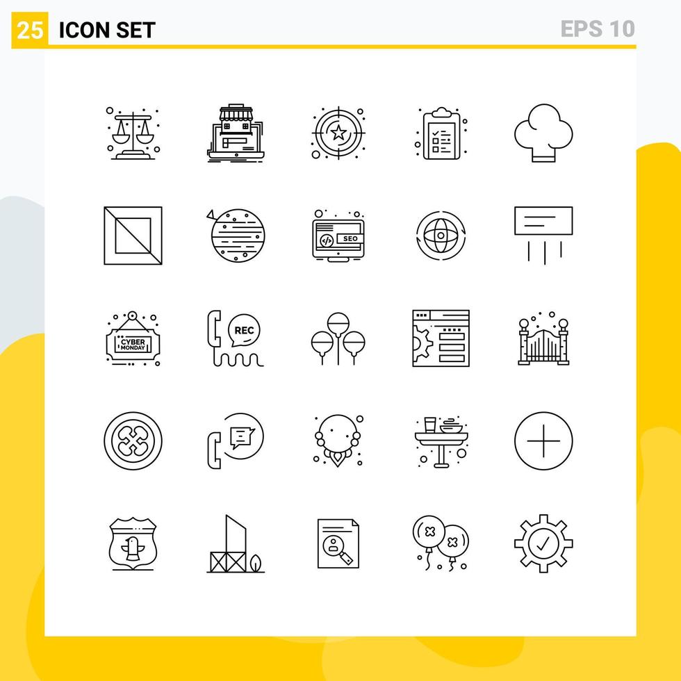 User Interface Pack of 25 Basic Lines of food list rating clipboard team Editable Vector Design ...