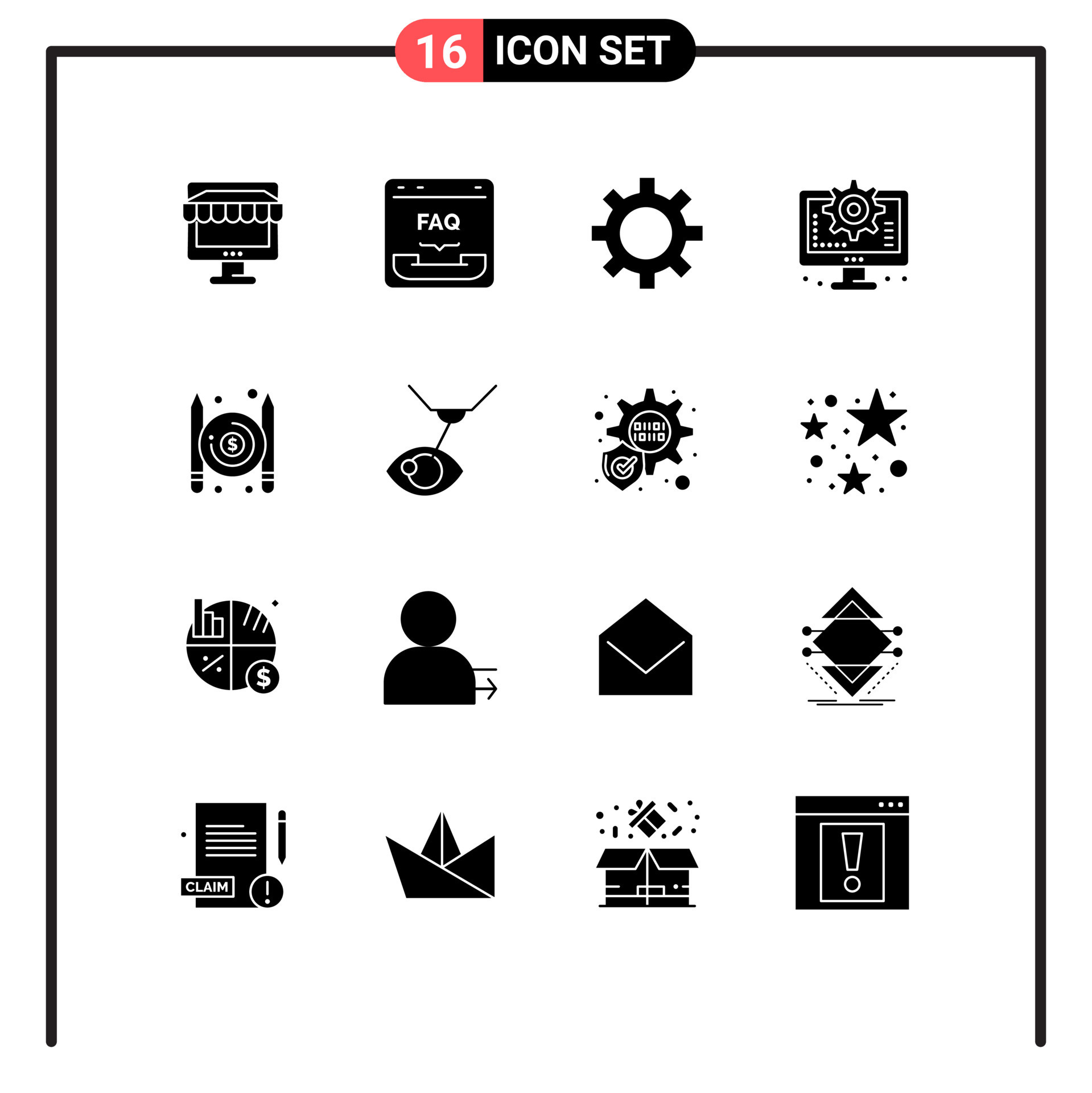 Set Of 16 Vector Solid Glyphs On Grid For Articles Process Faq Interface Setting Editable Vector