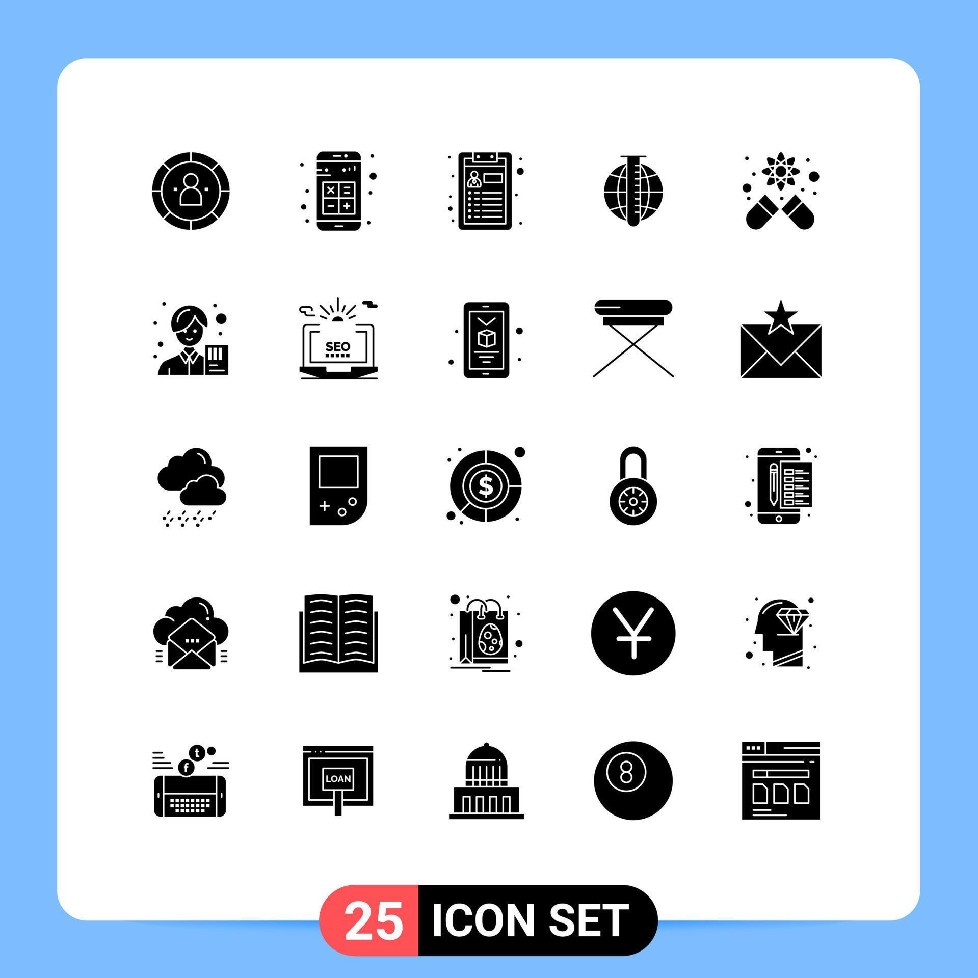 Pictogram Set of 25 Simple Solid Glyphs of research data calculator analysis resume Editable ...