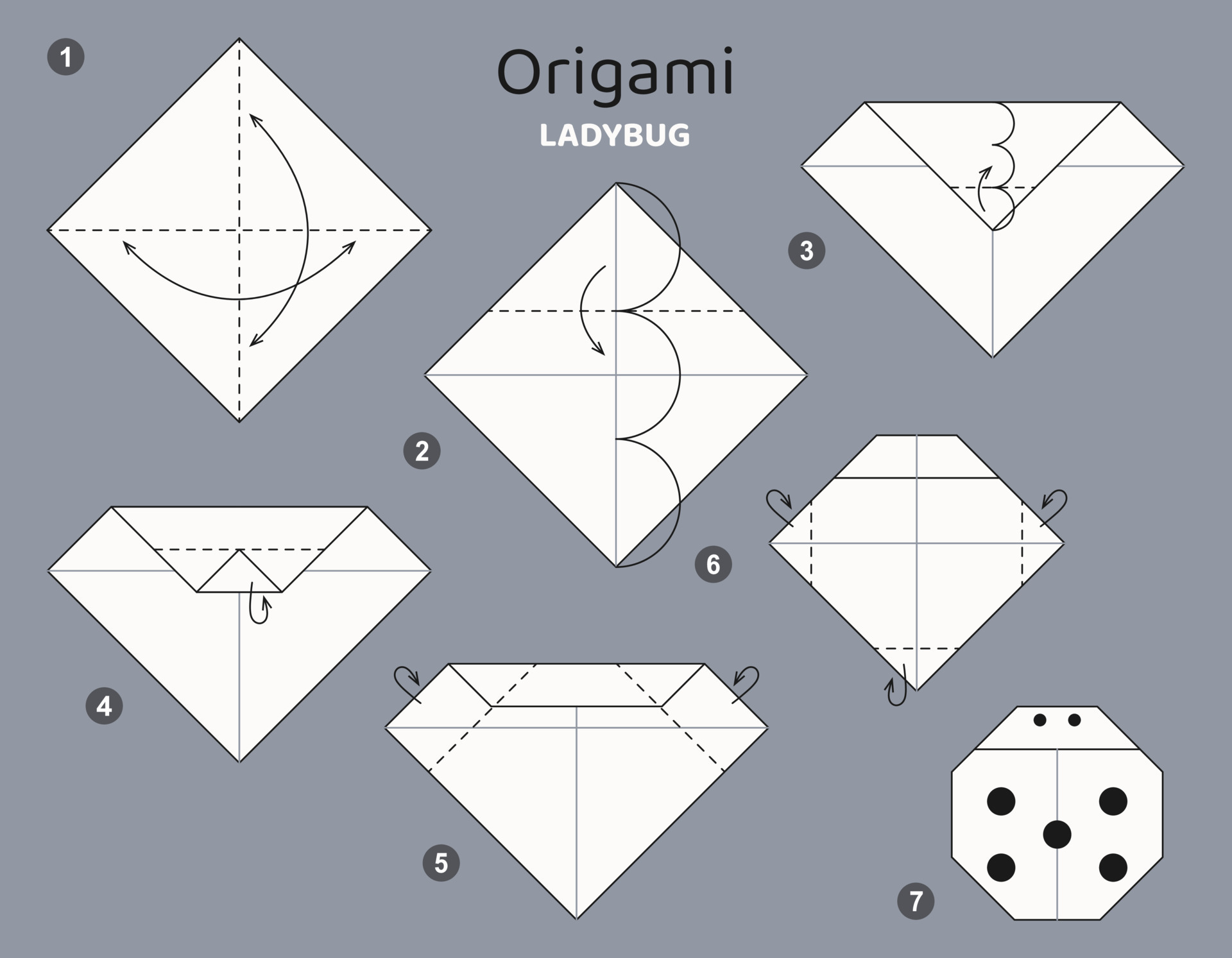 Tutorial ladybug origami scheme. isolated origami elements on grey ... Tutorial ladybug origami scheme. isolated origami elements on grey ...
