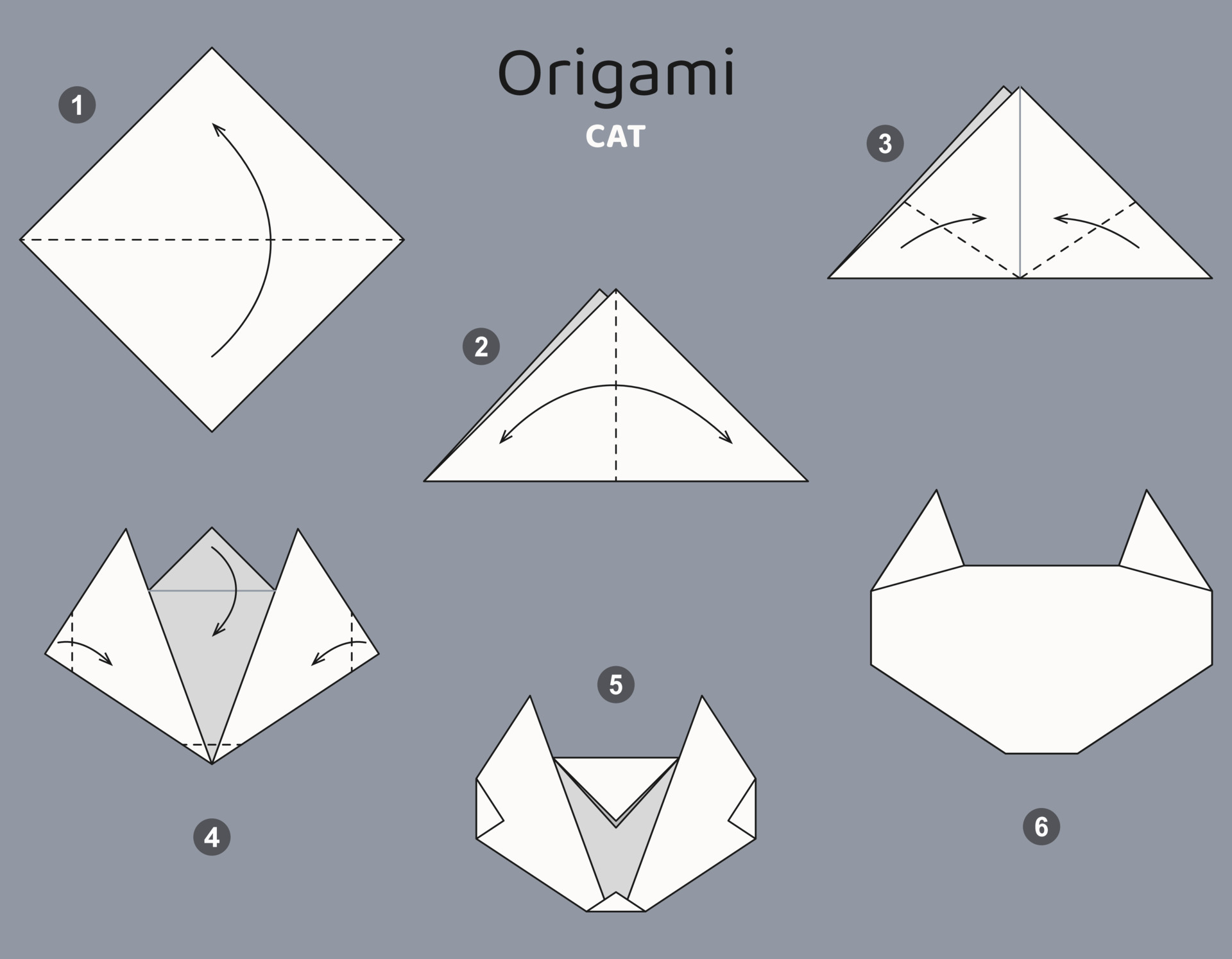 Tutorial Cat origami scheme. isolated origami elements on grey backdrop ... Tutorial Cat origami scheme. isolated origami elements on grey backdrop ...