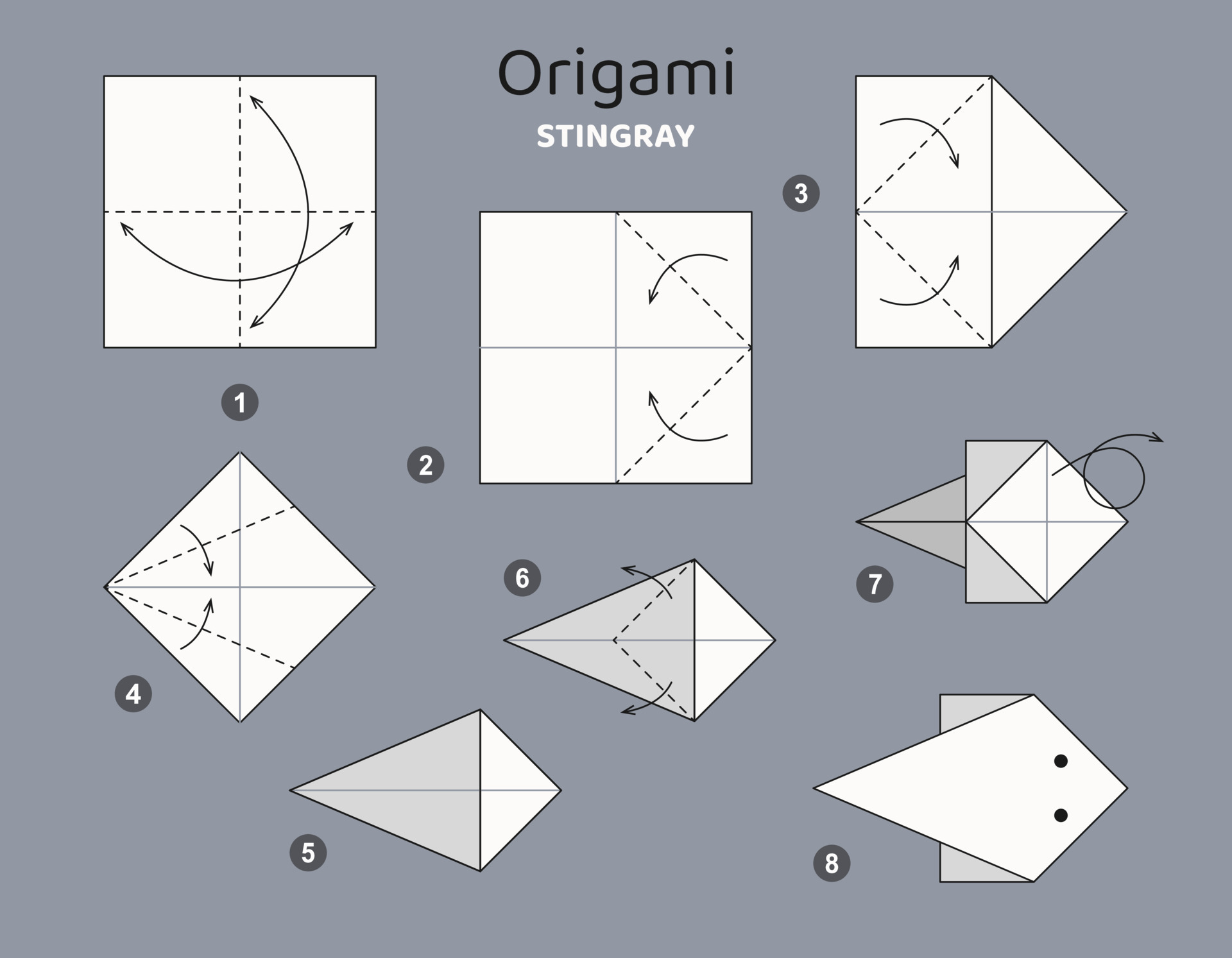Tutorial stingray origami scheme. isolated origami elements on grey ... Tutorial stingray origami scheme. isolated origami elements on grey ...