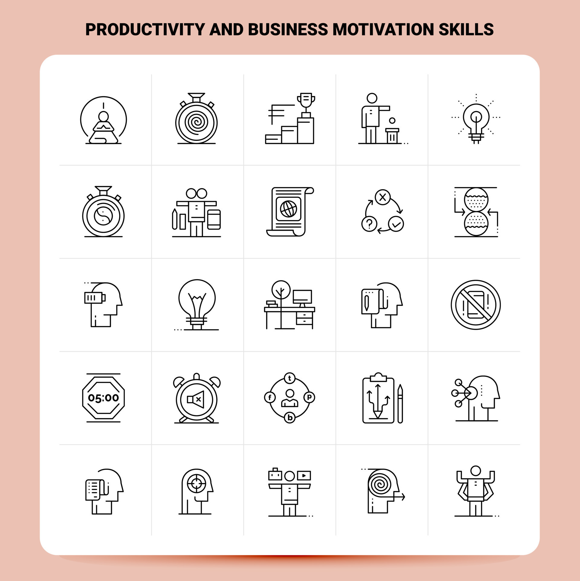 Outline 25 Productivity And Business Motivation Skills Icon Set Vector