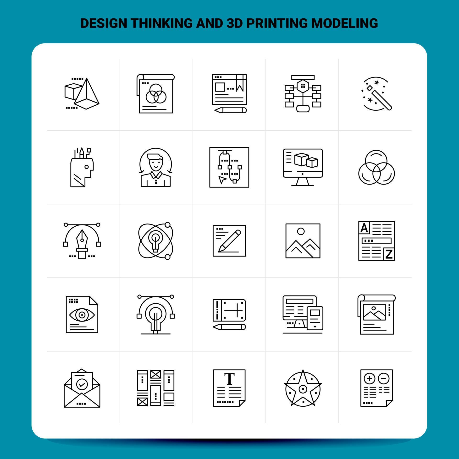 Outline 25 Design Thinking And 3d Printing Modeling Icon Set Vector Line Style Design Black