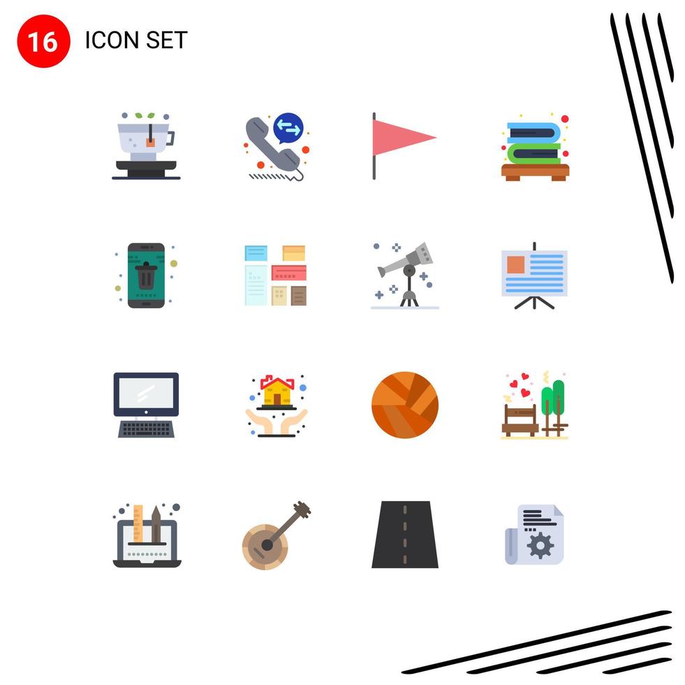 Set Of 16 Vector Flat Colors On Grid For Smartphone Delete Flag Contact Bookshelf Editable Pack