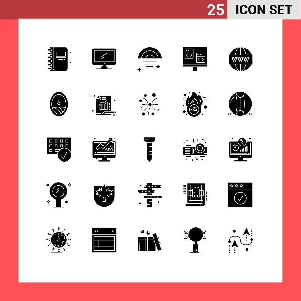 Mobile Interface Solid Glyph Set of 25 Pictograms of development computer pc coding weather ...
