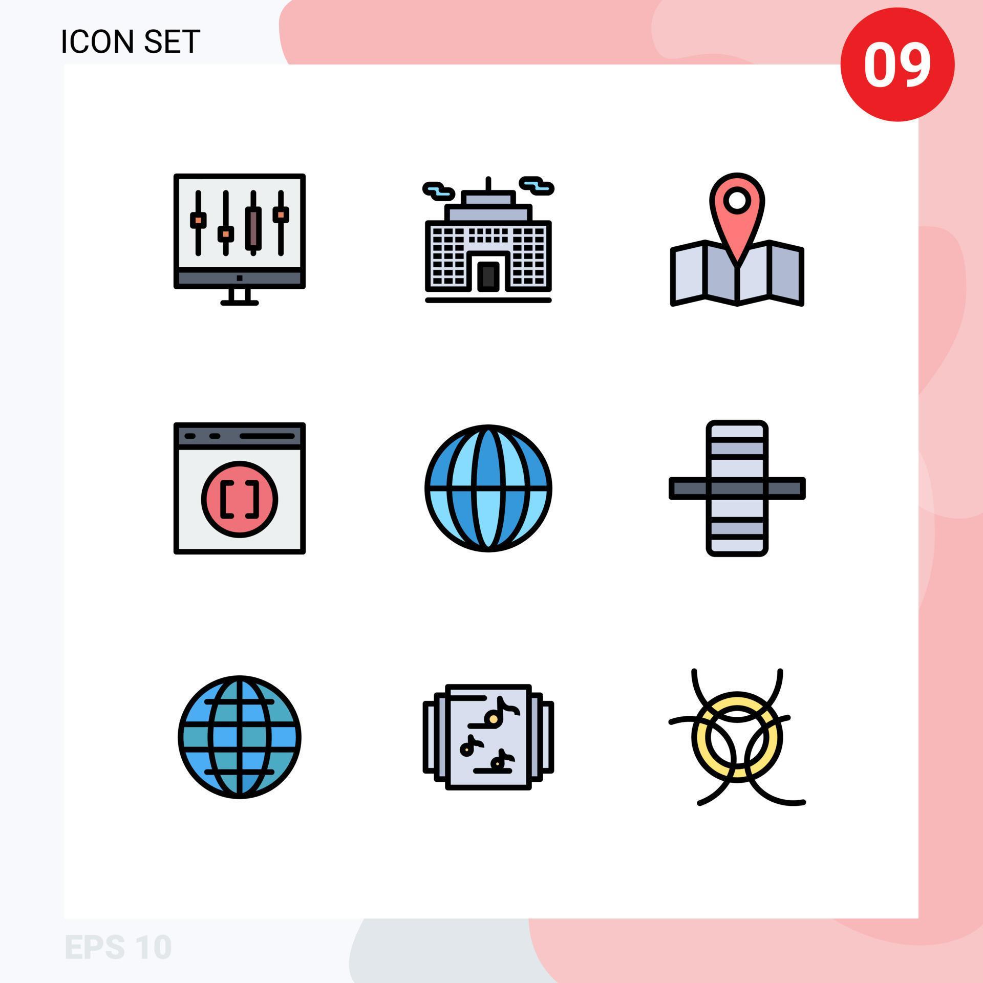 9 User Interface Filledline Flat Color Pack of modern Signs and Symbols of globe earth location ...