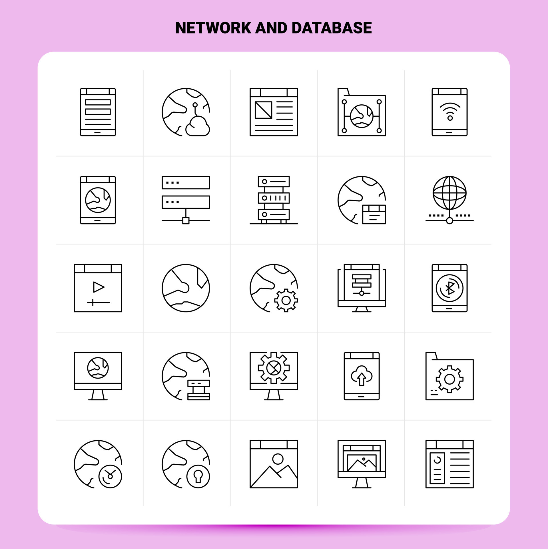 Outline 25 Network And Database Icon Set Vector Line Style Design Black