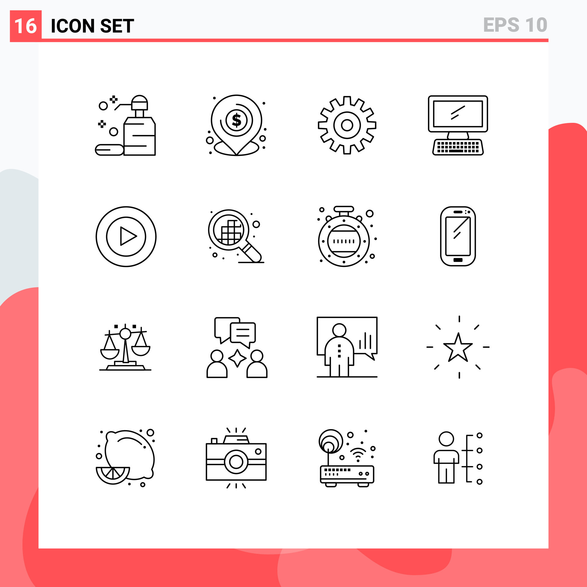Editable Vector Line Pack Of 16 Simple Outlines Of Pc Device Location Monitor Cogs Editable