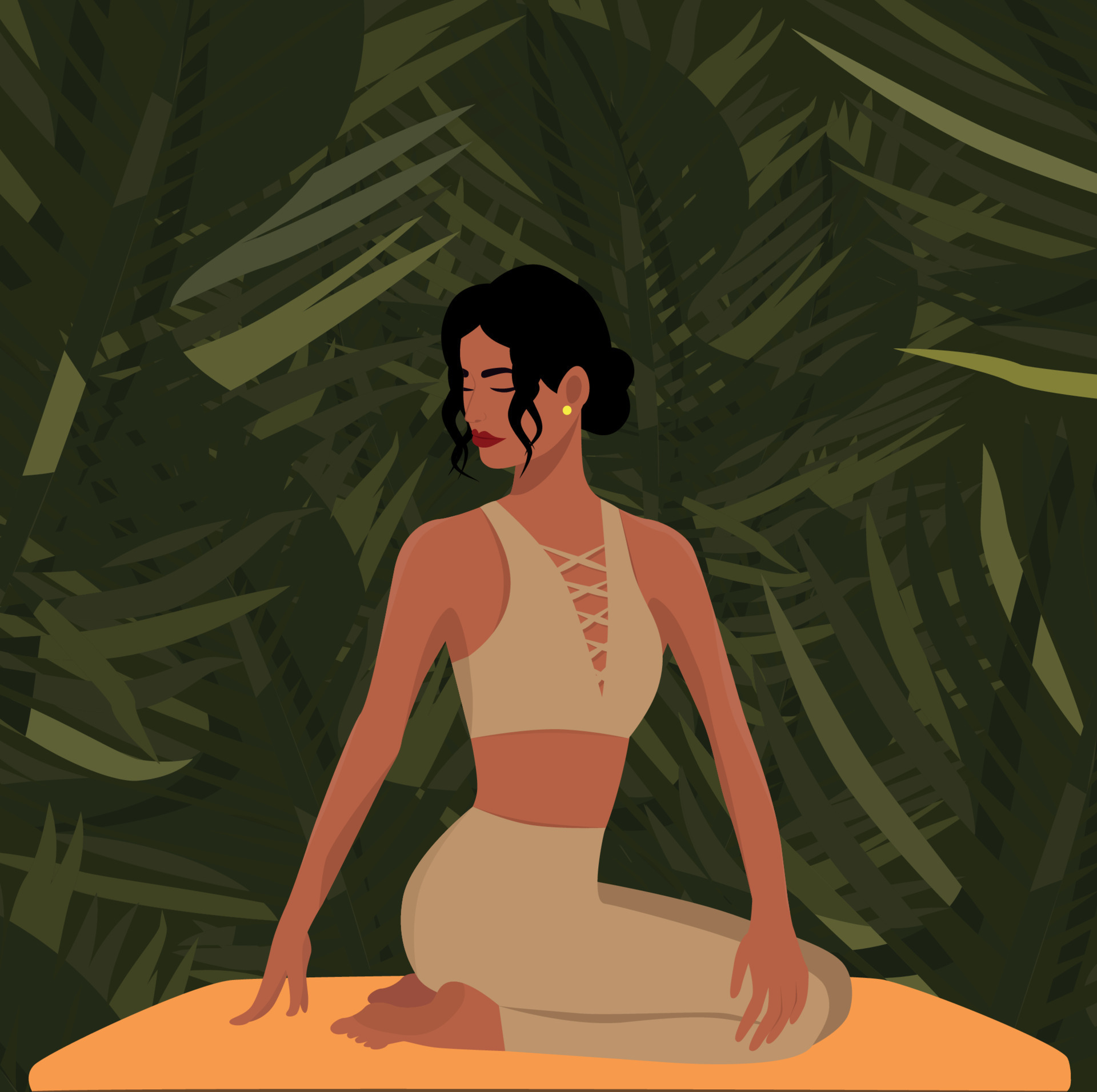 Digital illustration beautiful yogi girl in summer resting on bali island doing yoga in the ...