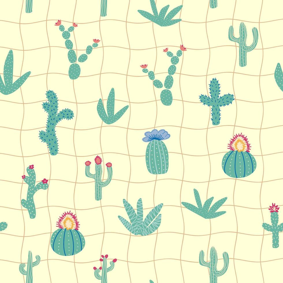 seamless pattern with different cactus. Bright repeated texture with green cacti. Natural ...