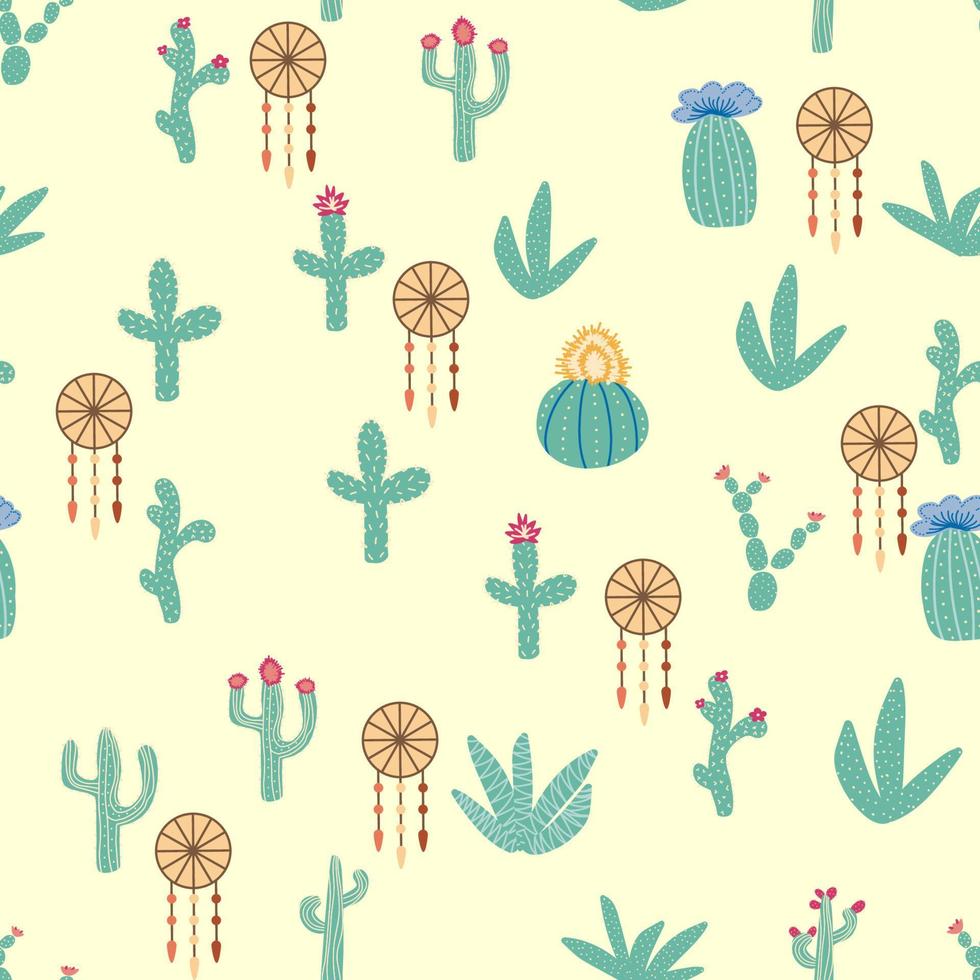 seamless pattern with different cactus. Bright repeated texture with green cacti. Natural ...
