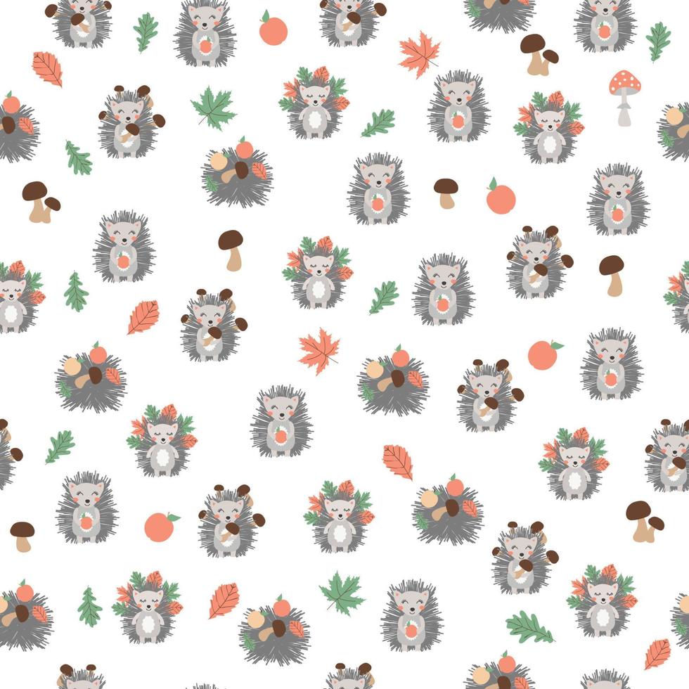 Cute seamless pattern with hedgehog, mushrooms and trees. Hand drawn ...