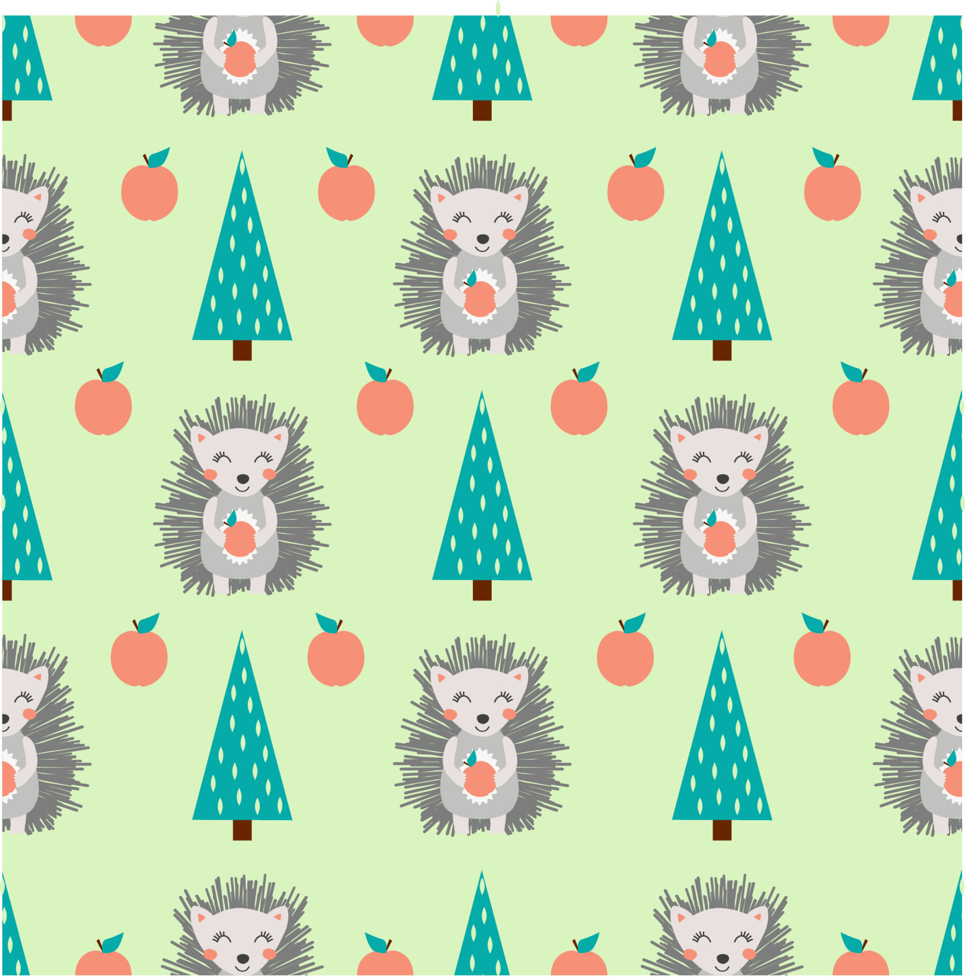 Cute seamless pattern with hedgehog, mushrooms and trees. Hand drawn ...