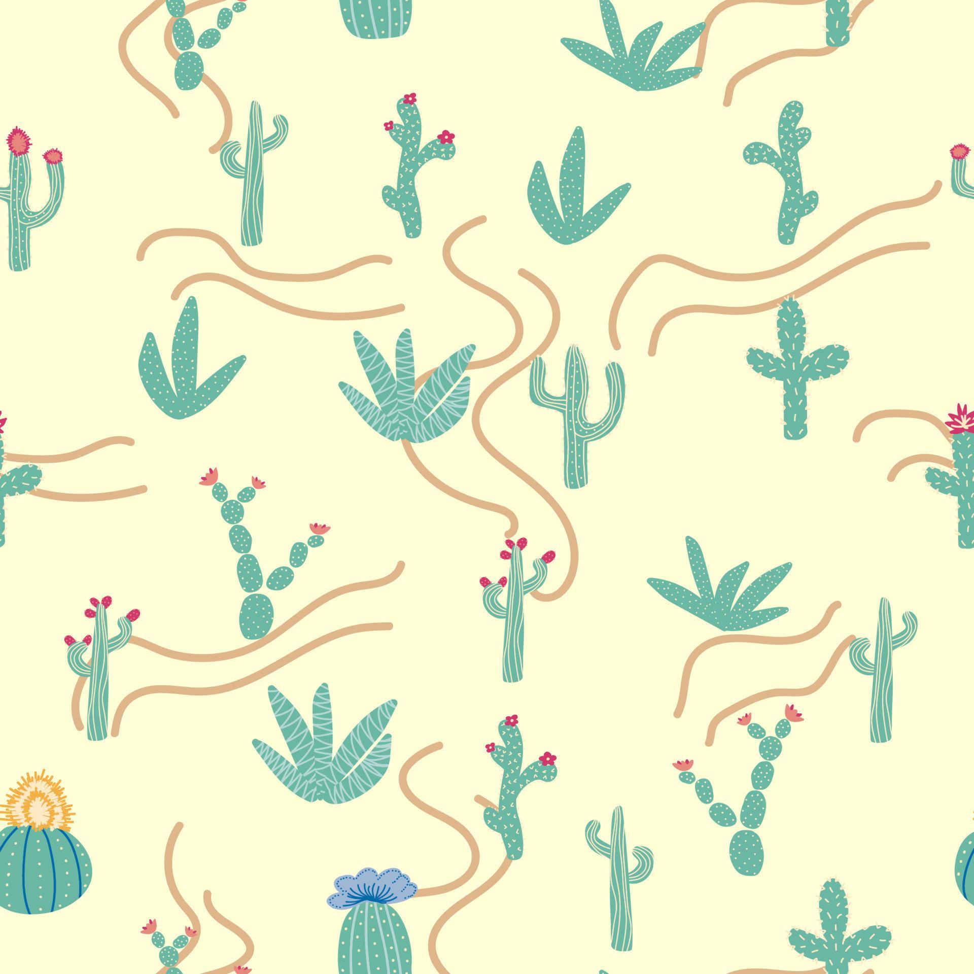 seamless pattern with different cactus. Bright repeated texture with green cacti. Natural ...