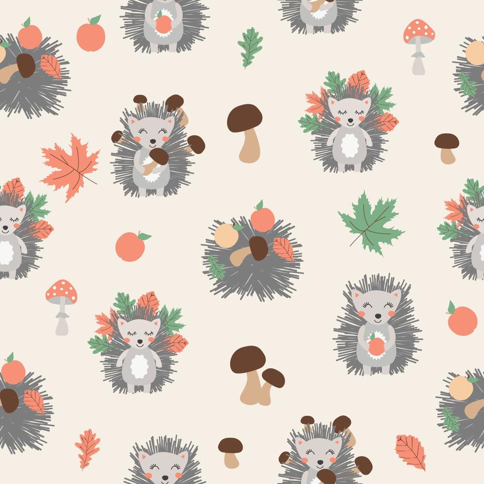 Cute seamless pattern with hedgehog, mushrooms and trees. Hand drawn ...
