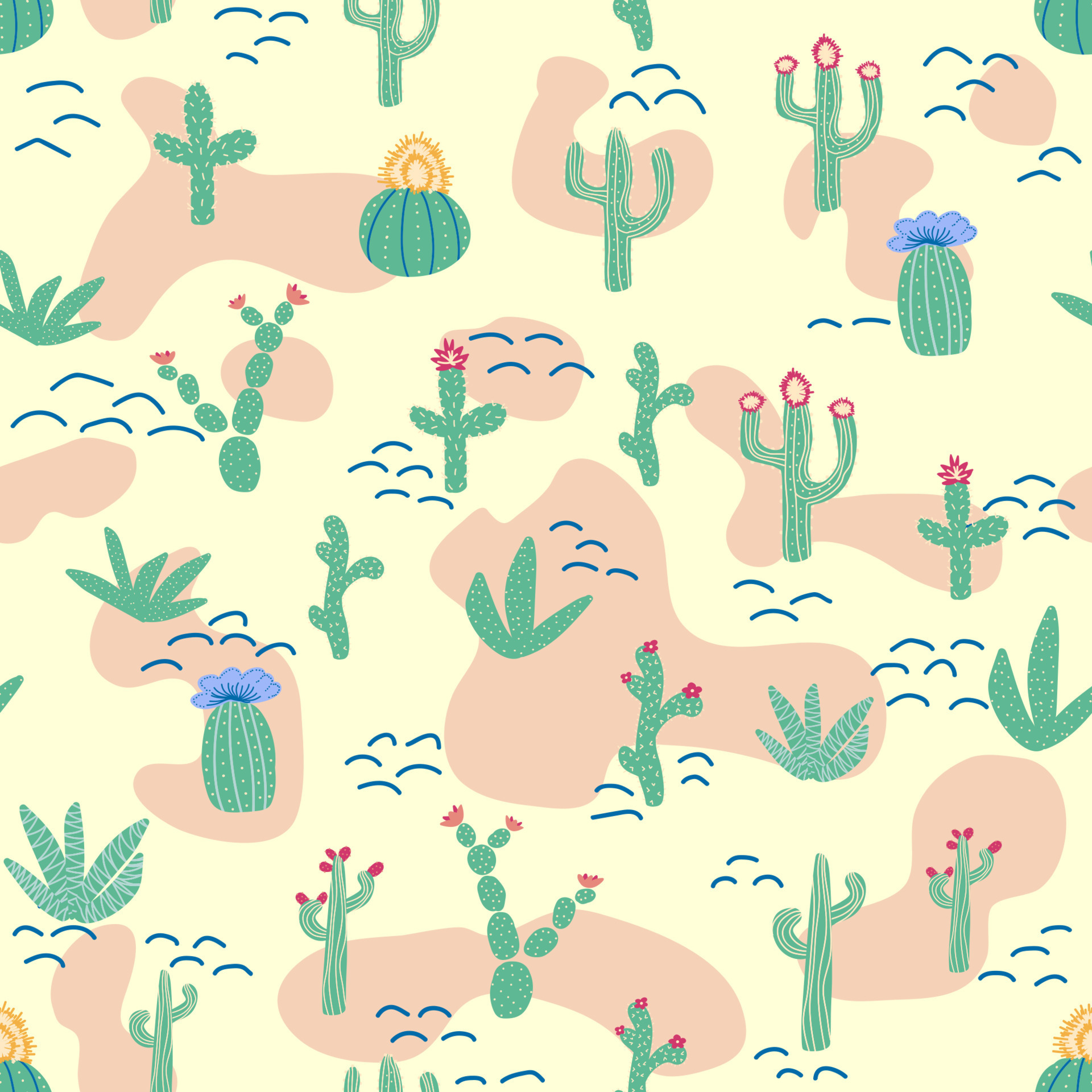 seamless pattern with different cactus. Bright repeated texture with ...