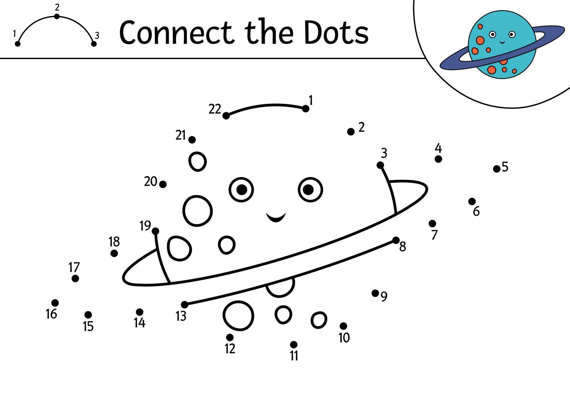 Vector space dot-to-dot and color activity with cute planet. Astronomy connect the dots game for ...
