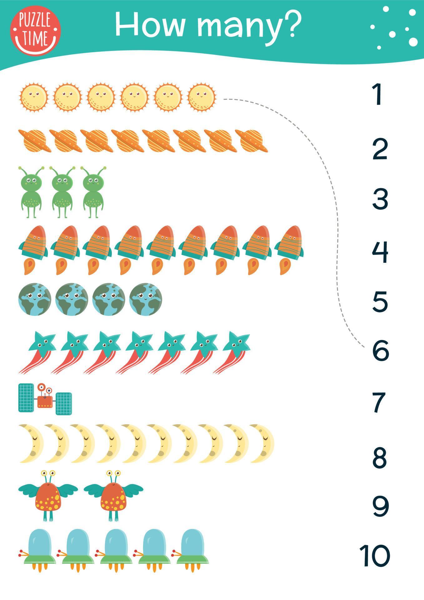 juego de conteo de espacio. actividad matemática para niños en edad ...