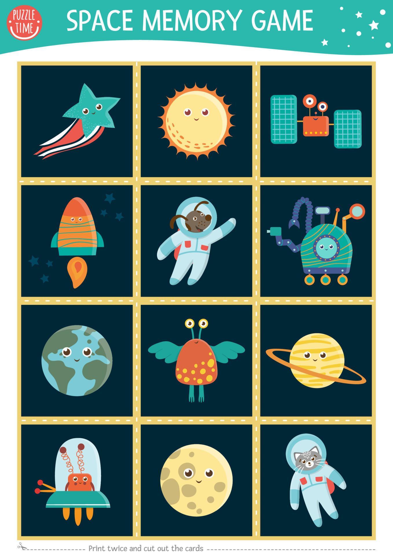 Space memory game cards with planets, alien, rocket. Matching astronomy ...