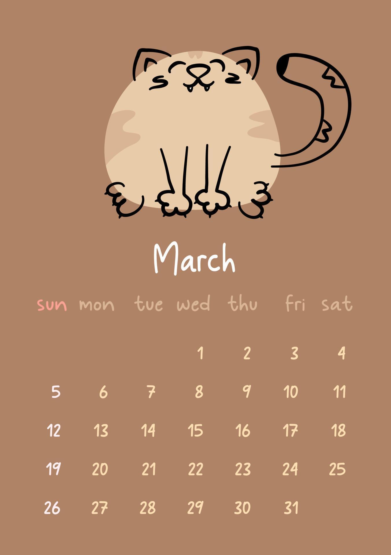calendario vectorial vertical para marzo de 2023 con gato de dibujos ...