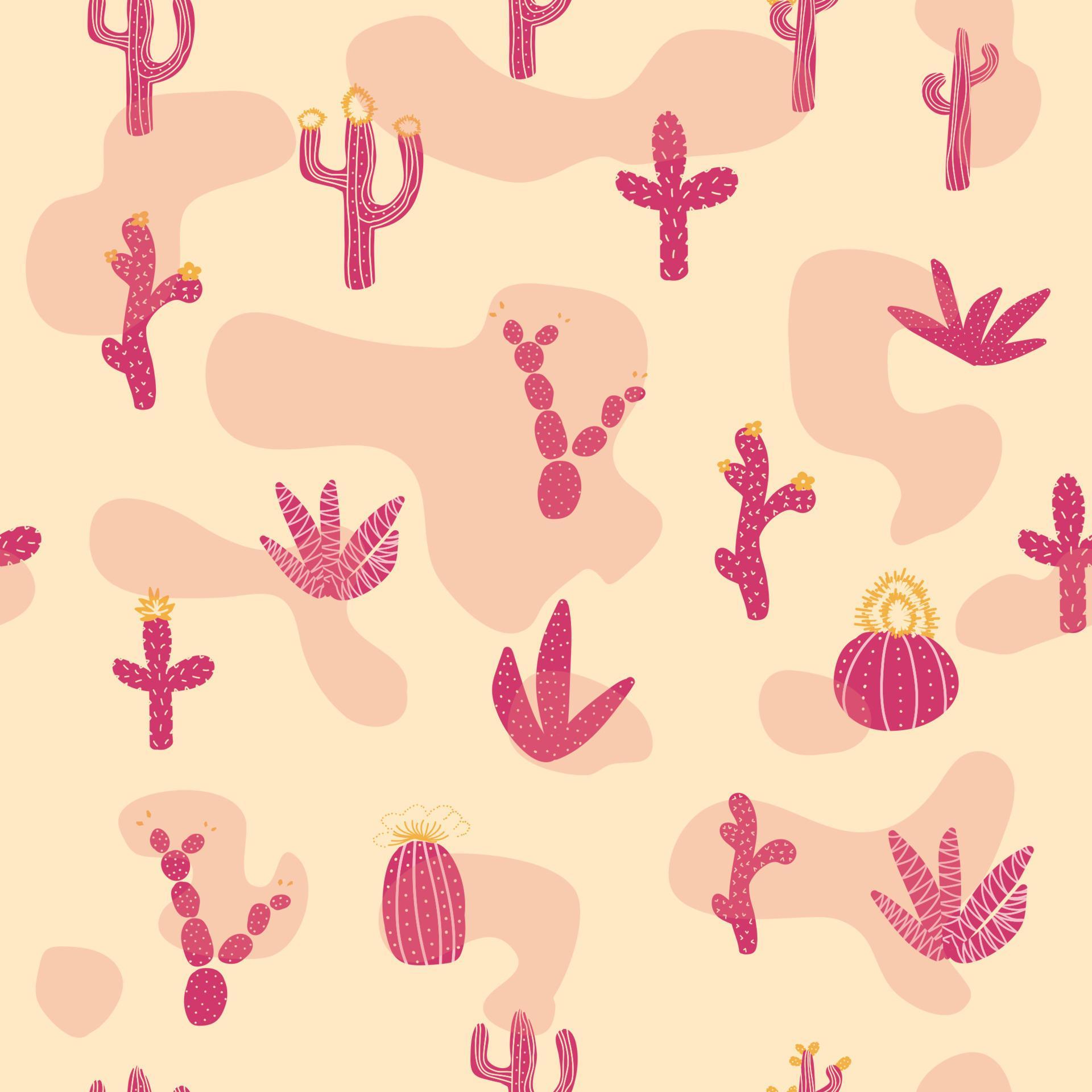 Seamless patterns with different cacti. Bright repeating texture with pink cacti. Background ...