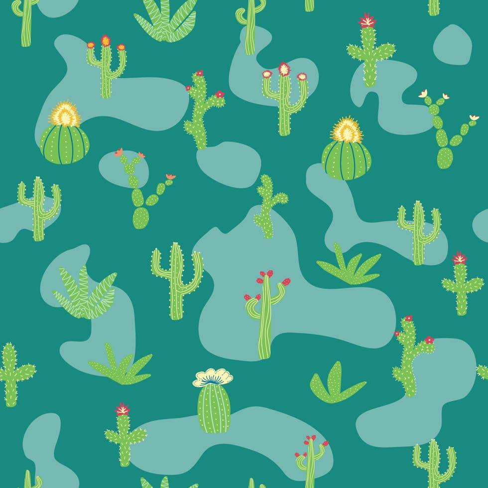 seamless pattern with different cactus. Bright repeated texture with green cacti. Natural ...