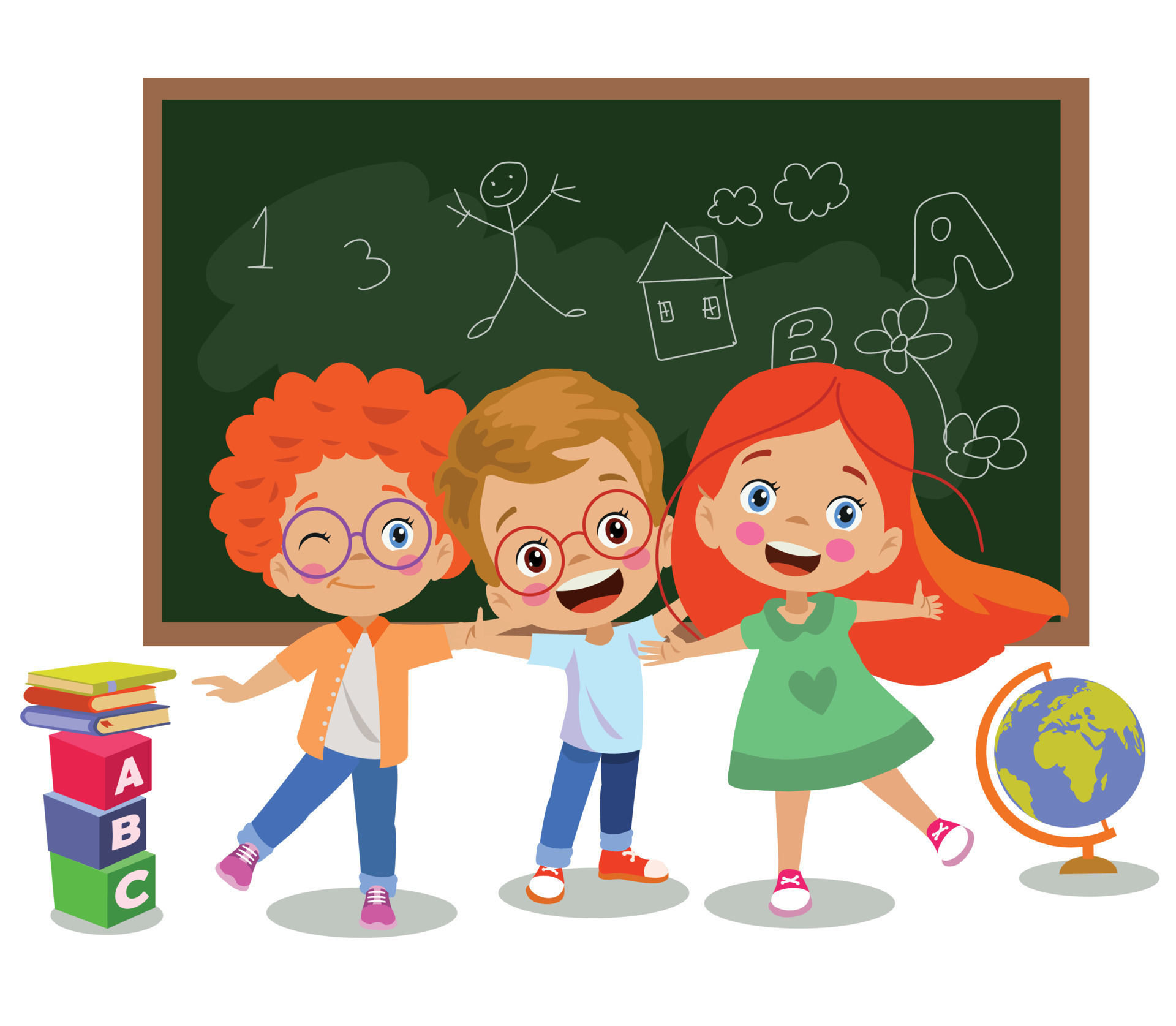 Happy Students In Classroom Cartoon