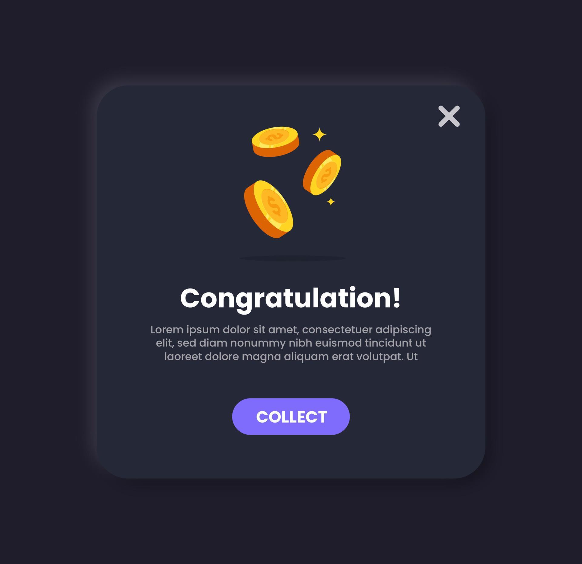 Reward pop up illustration in dark neomorphic design style. User ...
