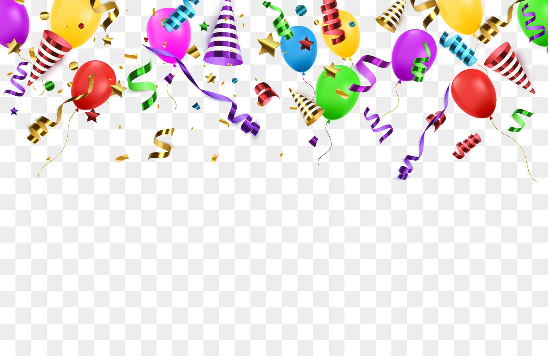 Happy Birthday Banner With Color Balloons And Confetti On Blue