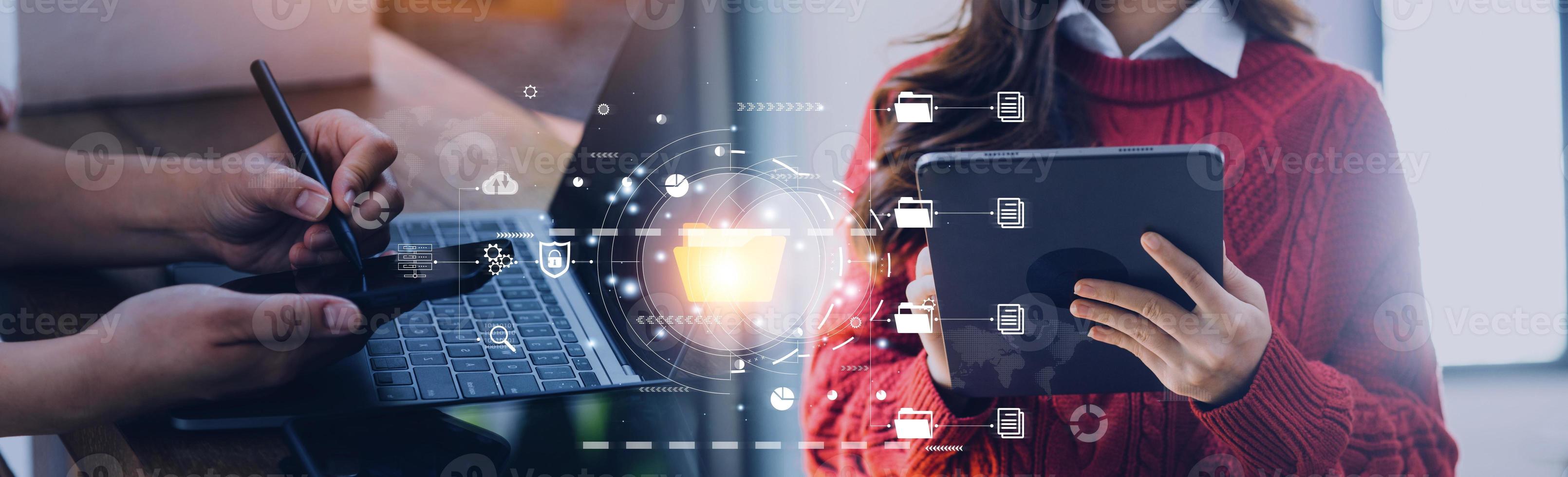 Document management system concept, Businessman signs electronic ...