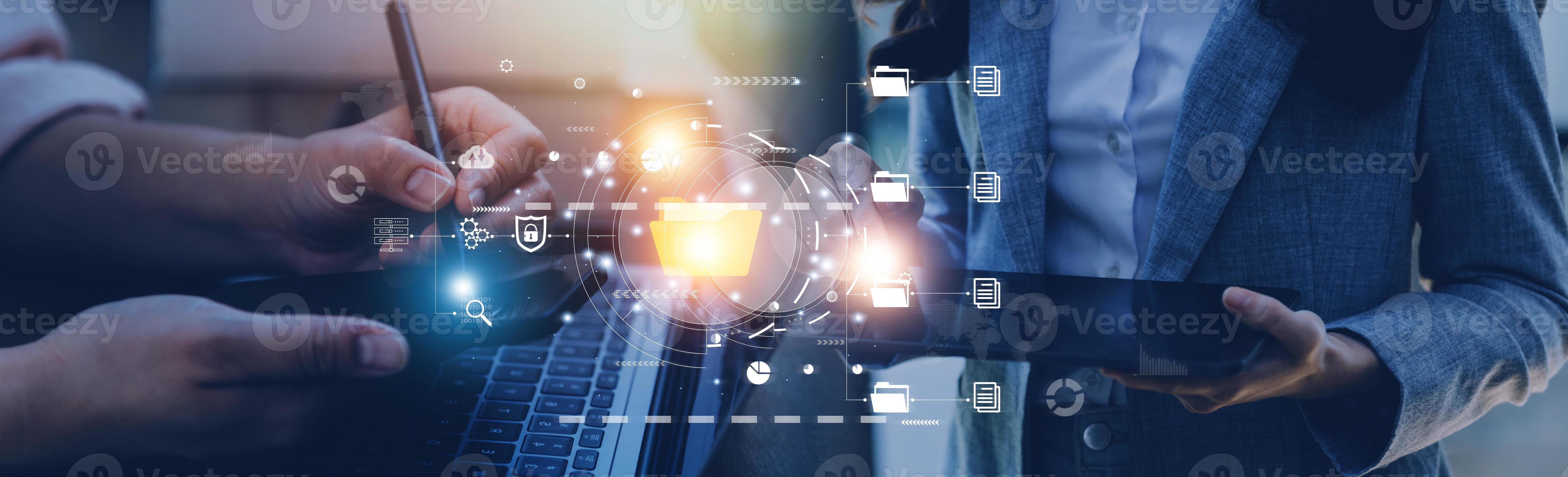 Document management system concept, Businessman signs electronic ...