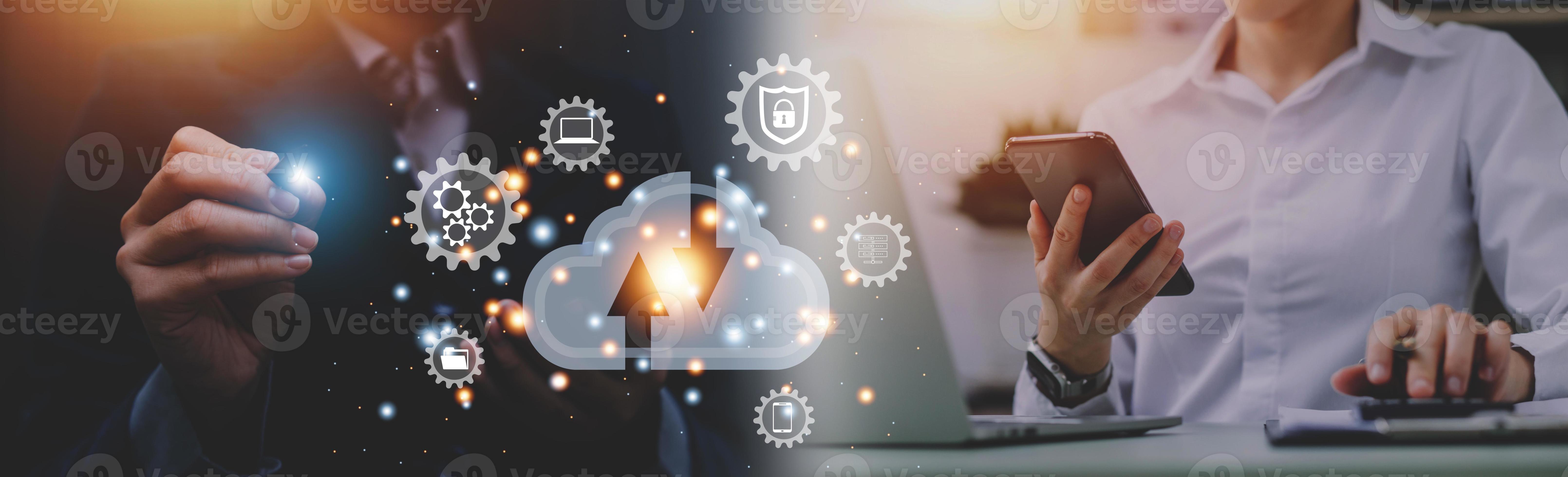 man use Laptop with cloud computing diagram show on hand. Cloud ...