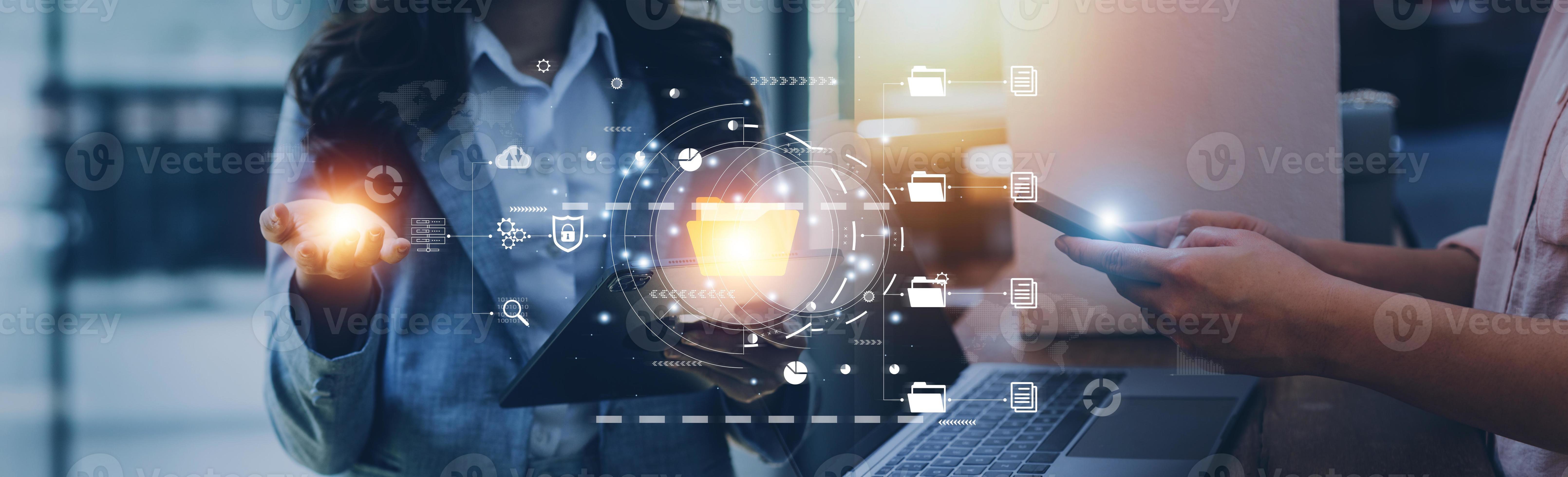 Document management system concept, Businessman signs electronic ...