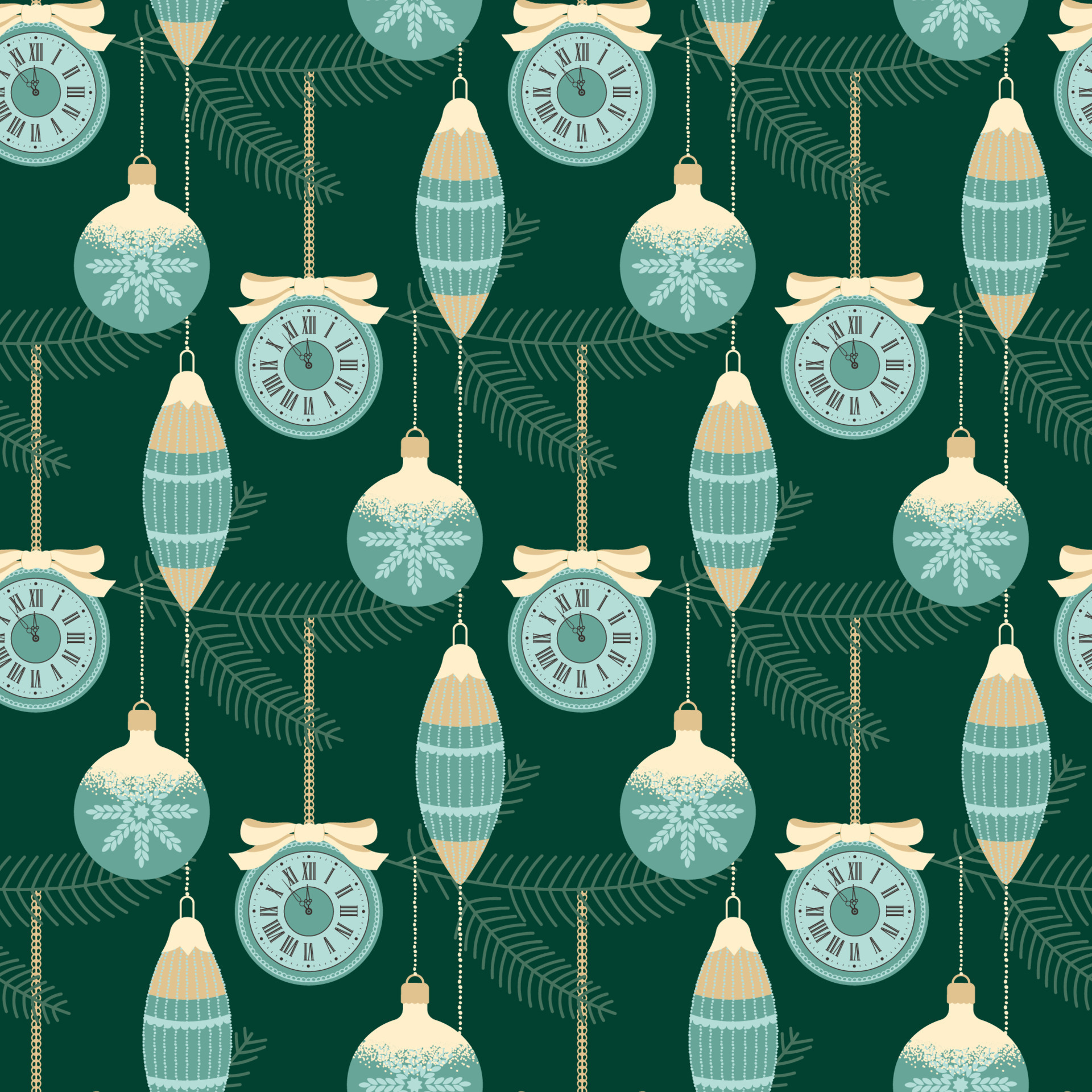 Christmas Vintage seamless pattern with glass balls, clock on a spruce ...