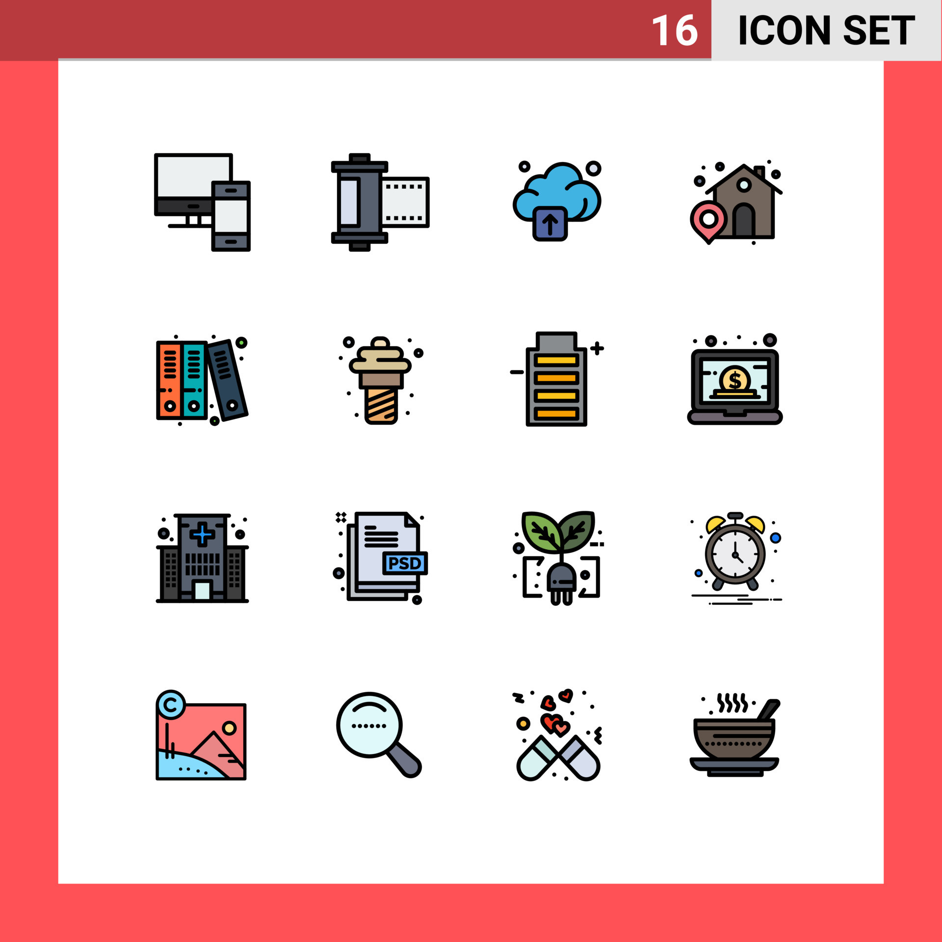 Set of 16 Modern UI Icons Symbols Signs for history archive roll location shop Editable Creative ...
