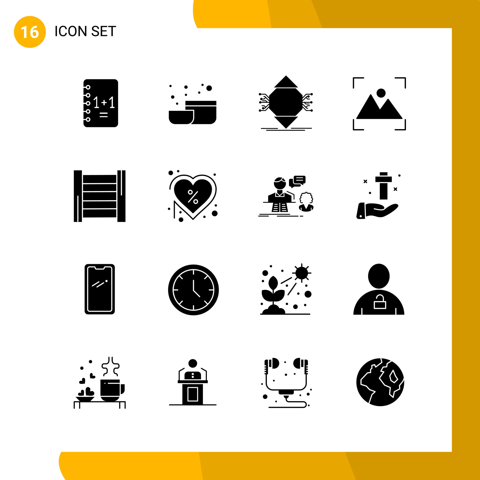 16 Icon Set. Solid Style Icon Pack. Glyph Symbols isolated on White ...