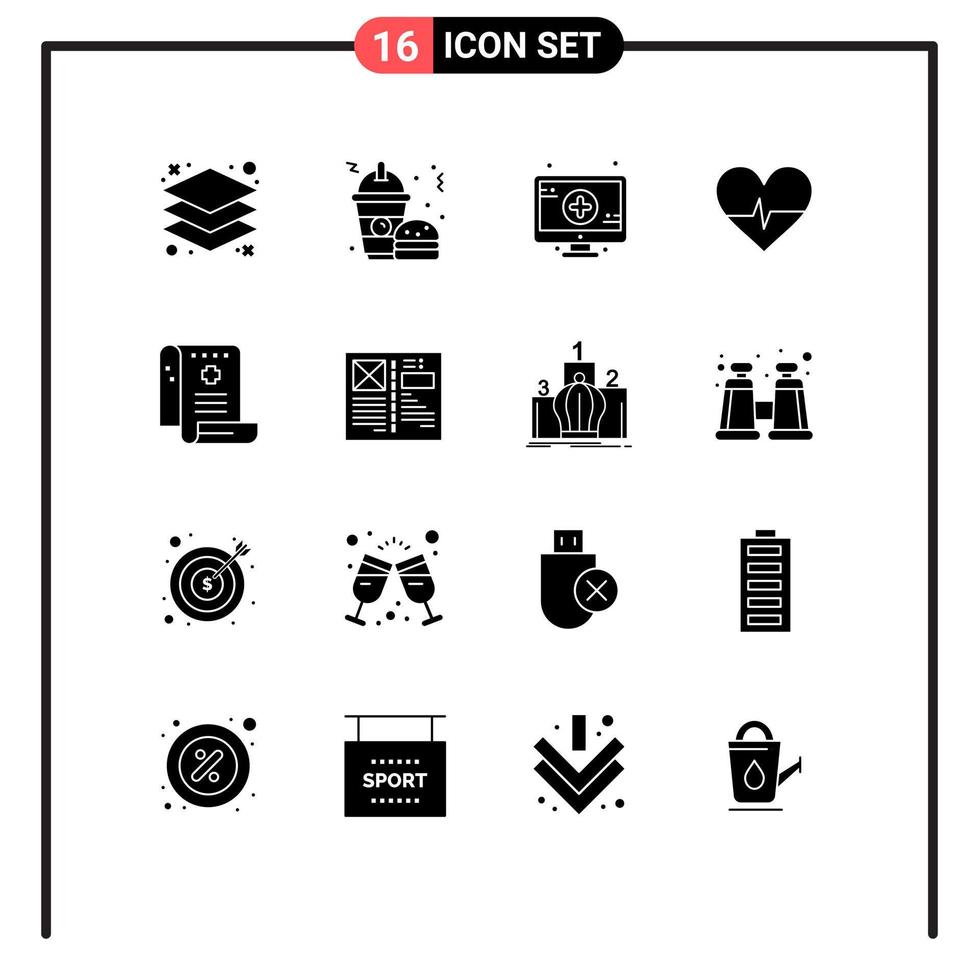 Set Of 16 Vector Solid Glyphs On Grid For Report Medical Monitor History Science Editable Vector