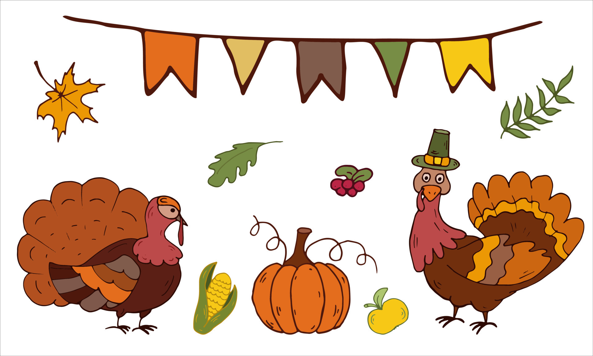 Thanksgiving day. Turkeys, pumpkin, holiday flags, leaves, apple, corn ...