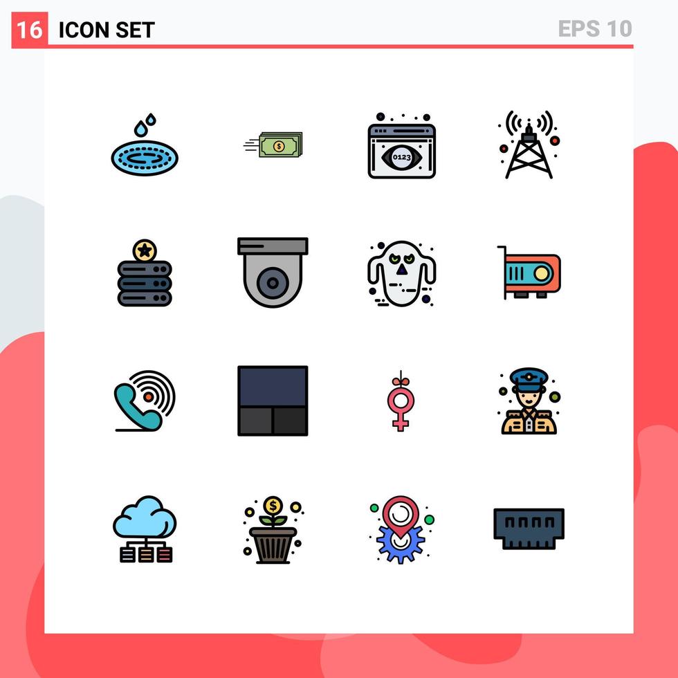 16 Universal Flat Color Filled Lines Set For Web And Mobile Applications Server Data Currency
