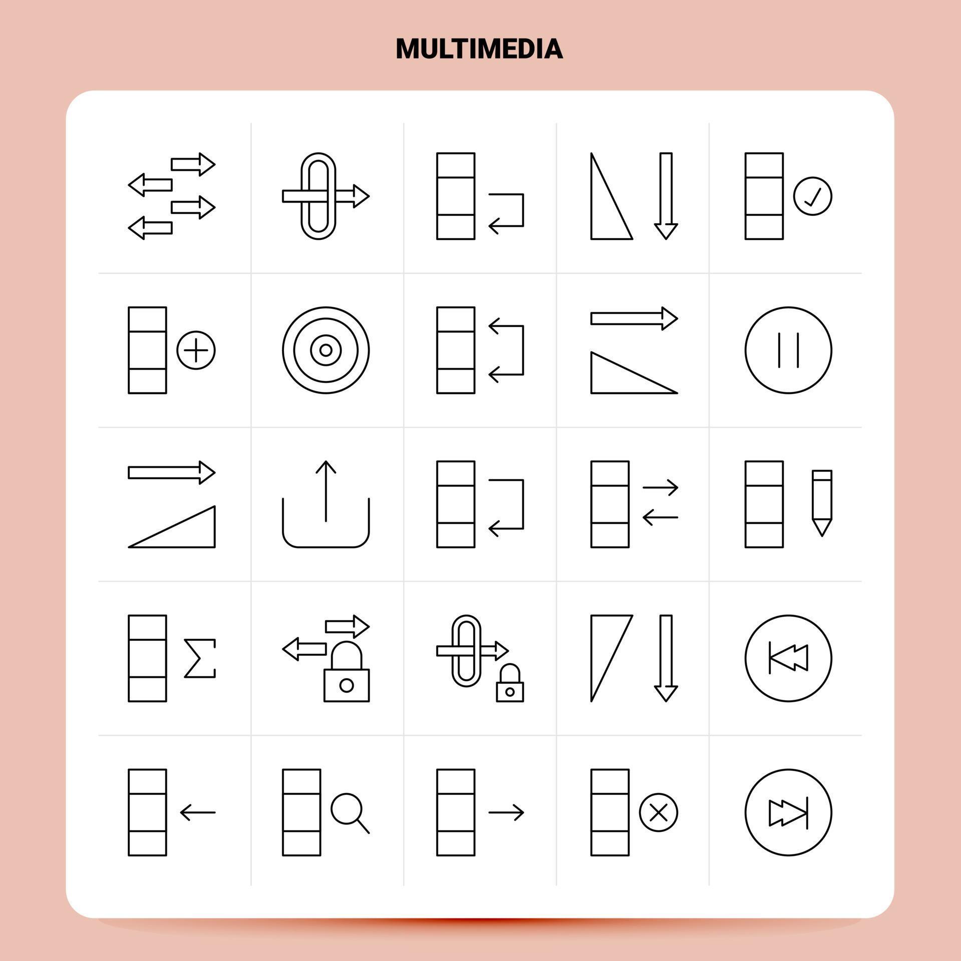 Outline 25 Multimedia Icon Set Vector Line Style Design Black Icons Set Linear Pictogram Pack